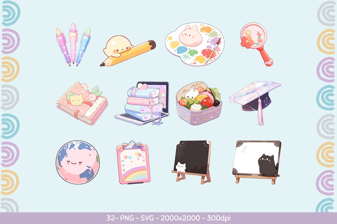 32 PNG SVG Kawaii School Supplies Clipart Teacher Clipart, Kawaii ...