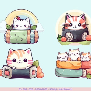 31 PNG SVG Sushi Cat Clipart Bundle - Kawaii Clipart, Kawaii Food ...