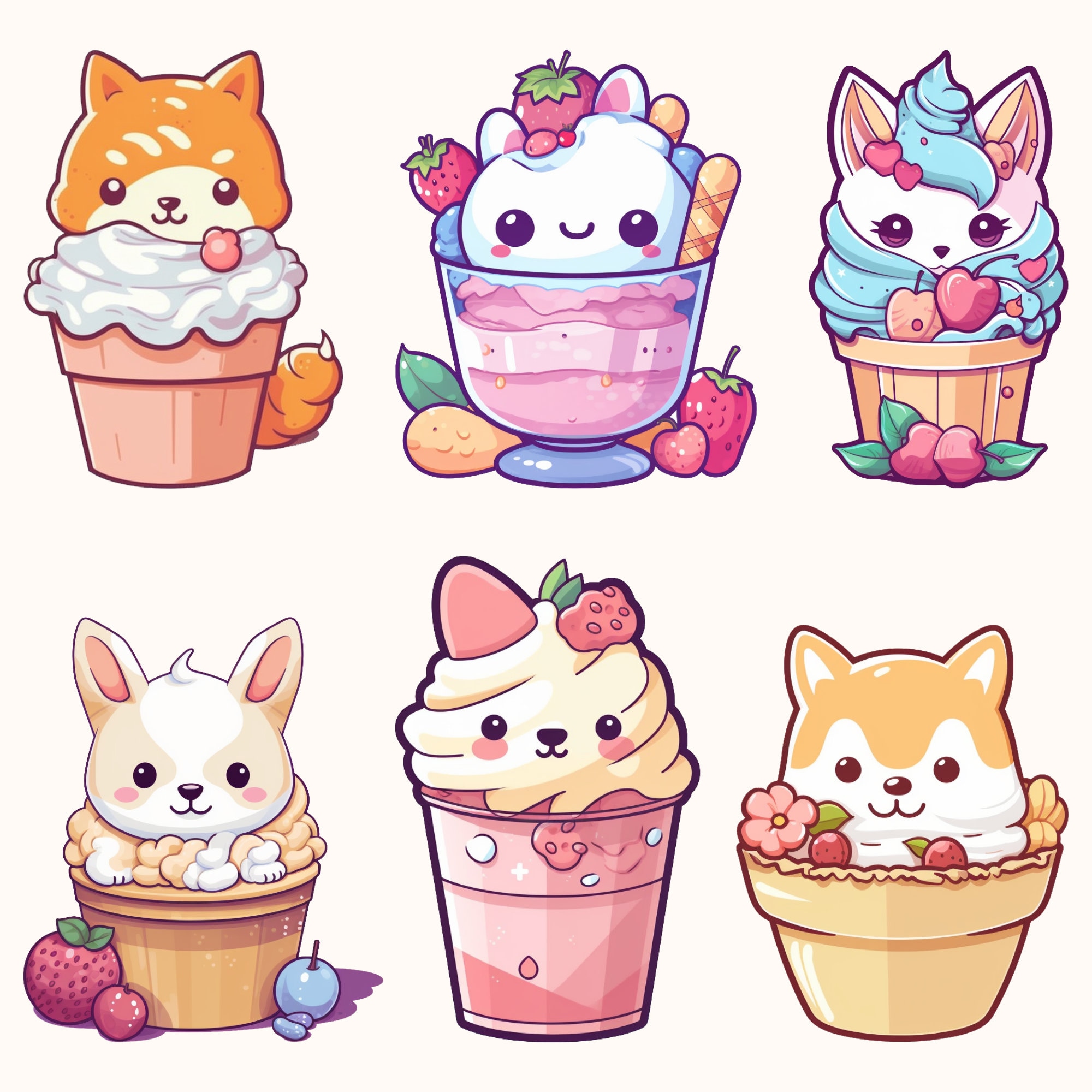 22 PNG SVG Kawaii Animal Desserts Clipart Bundle - Kawaii Clipart ...