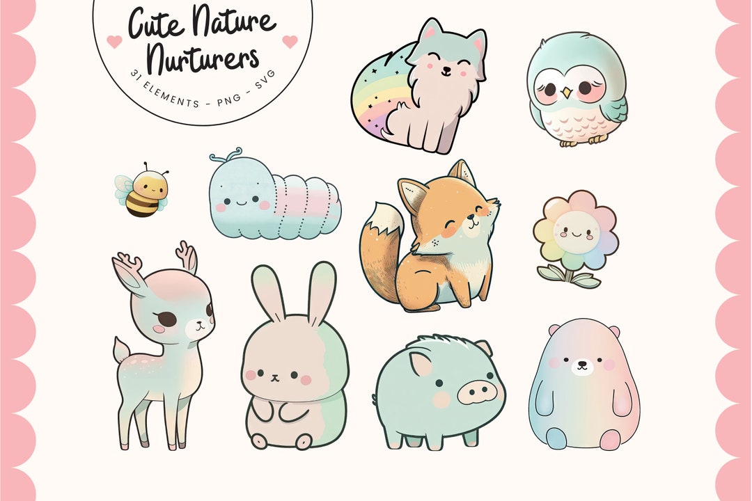 31 PNG SVG Kawaii Animals Clipart Set - Cute Clipart Animals, Kawaii ...