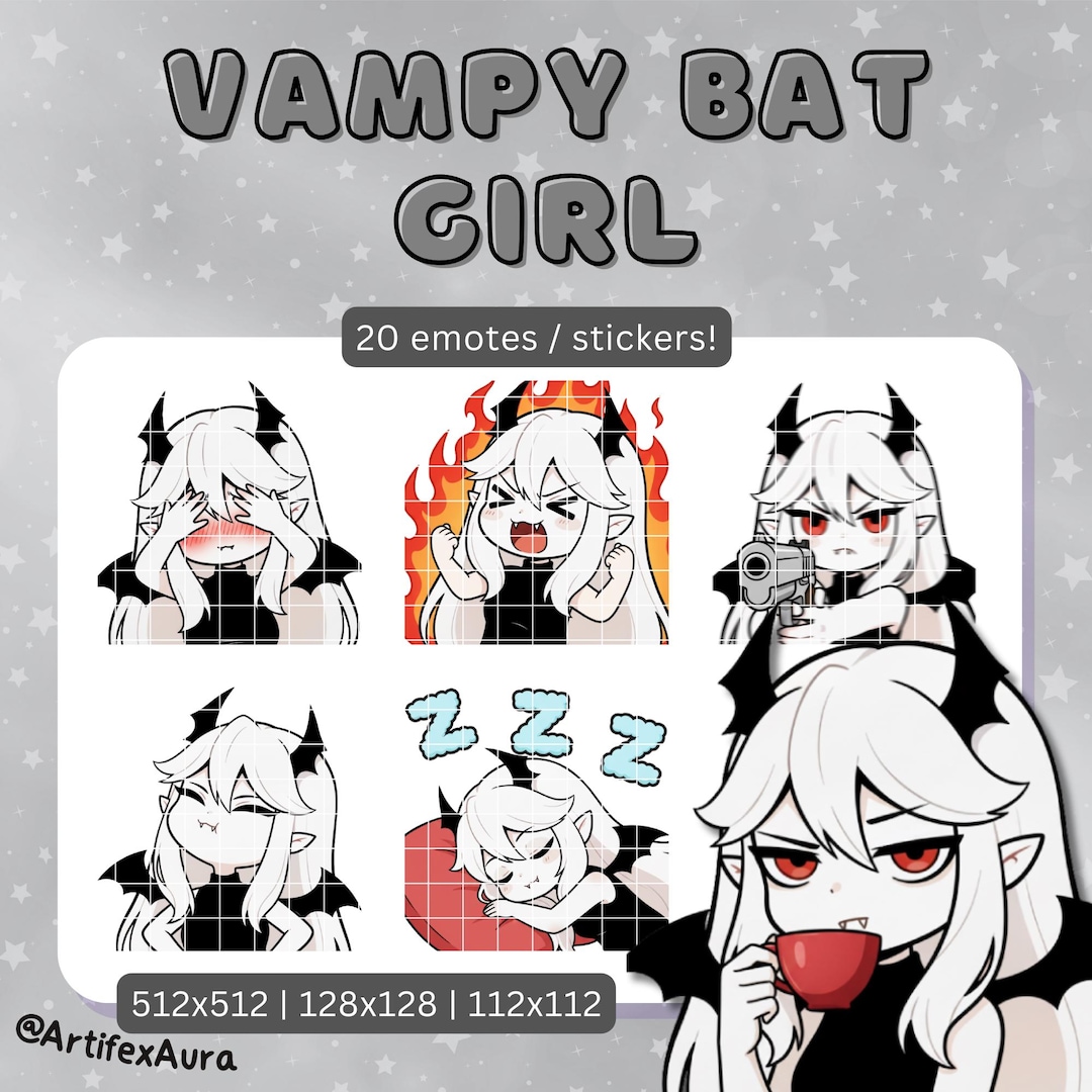 Chibi Black & White Vampire Bat Girl Emotes – 20 Twitch/discord Anime ...