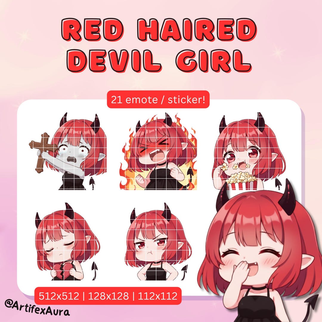 Red Haired Devil Girl Twitch / Discord Emotes / Stickers (21 Pack ...