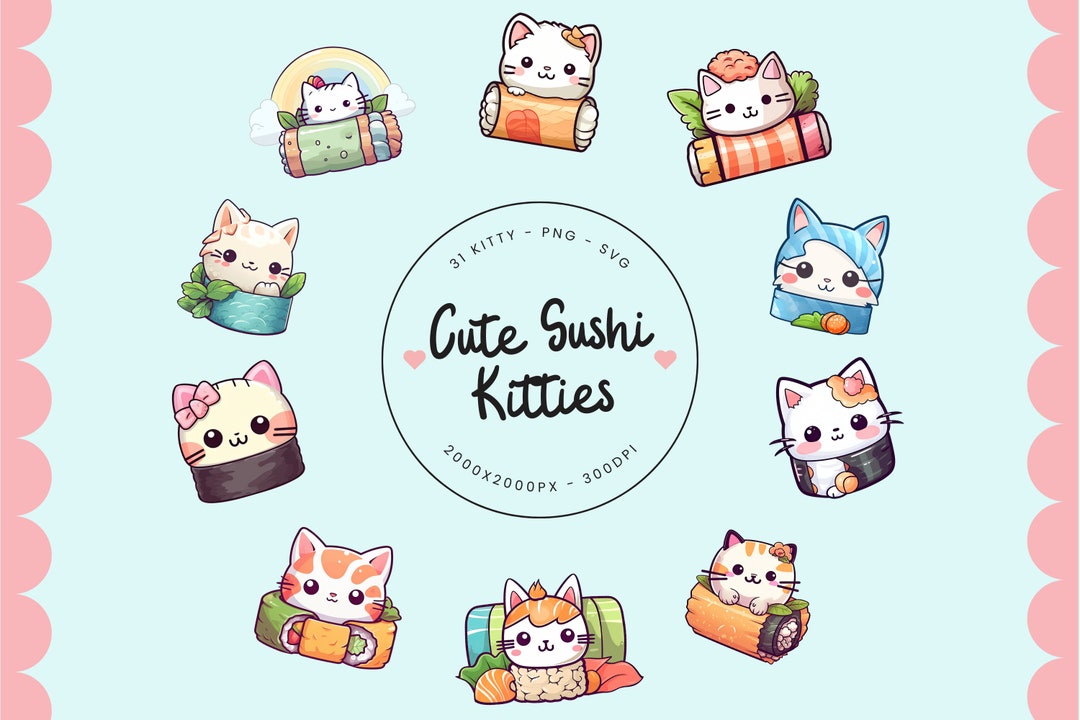 31 PNG SVG Sushi Cat Clipart Bundle - Kawaii Clipart, Kawaii Food ...
