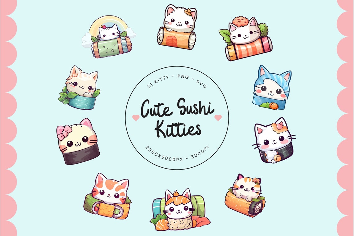 31 PNG SVG Sushi Cat Clipart Bundle - Kawaii Clipart, Kawaii Food ...