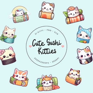 31 PNG SVG Sushi Cat Clipart Bundle - Kawaii Clipart, Kawaii Food ...