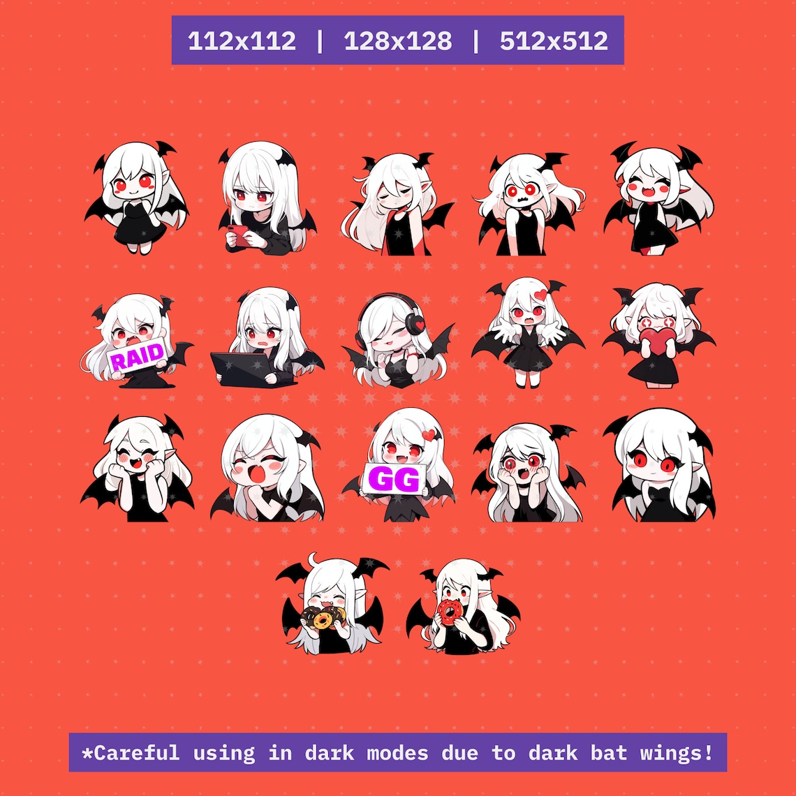 32 Twitch Emotes of a Girl With White Hair, Bat Wings and Ears - Emote ...