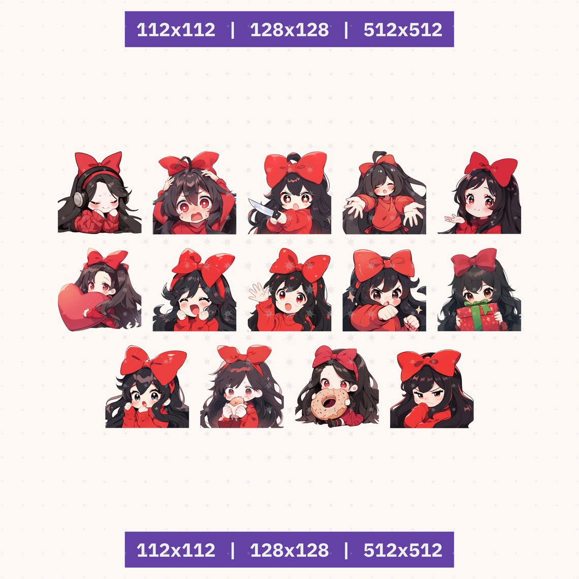 34 Twitch Emotes of a Girl With Black Hair and a Red Bow Emote Set ...