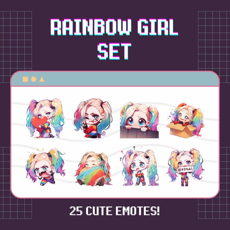 25 Twitch / Discord Emotes Pack Chibi Rainbow Haired Girl Twitch Emotes ...