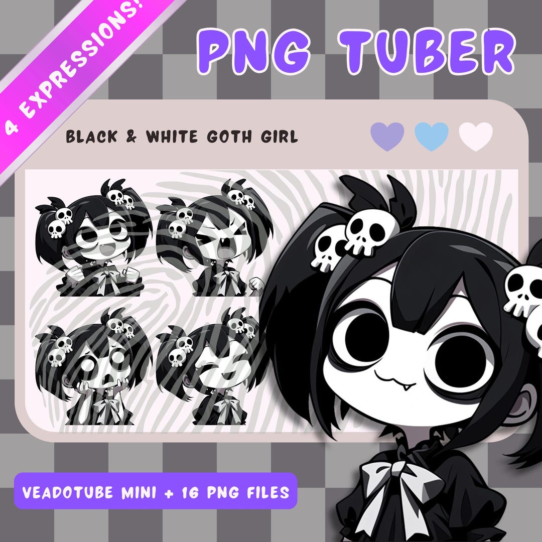 Goth Girl Pngtuber Model: Black Haired Chibi Vtuber - 5 Expressions ...
