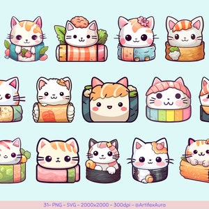 31 PNG SVG Sushi Cat Clipart Bundle - Kawaii Clipart, Kawaii Food ...