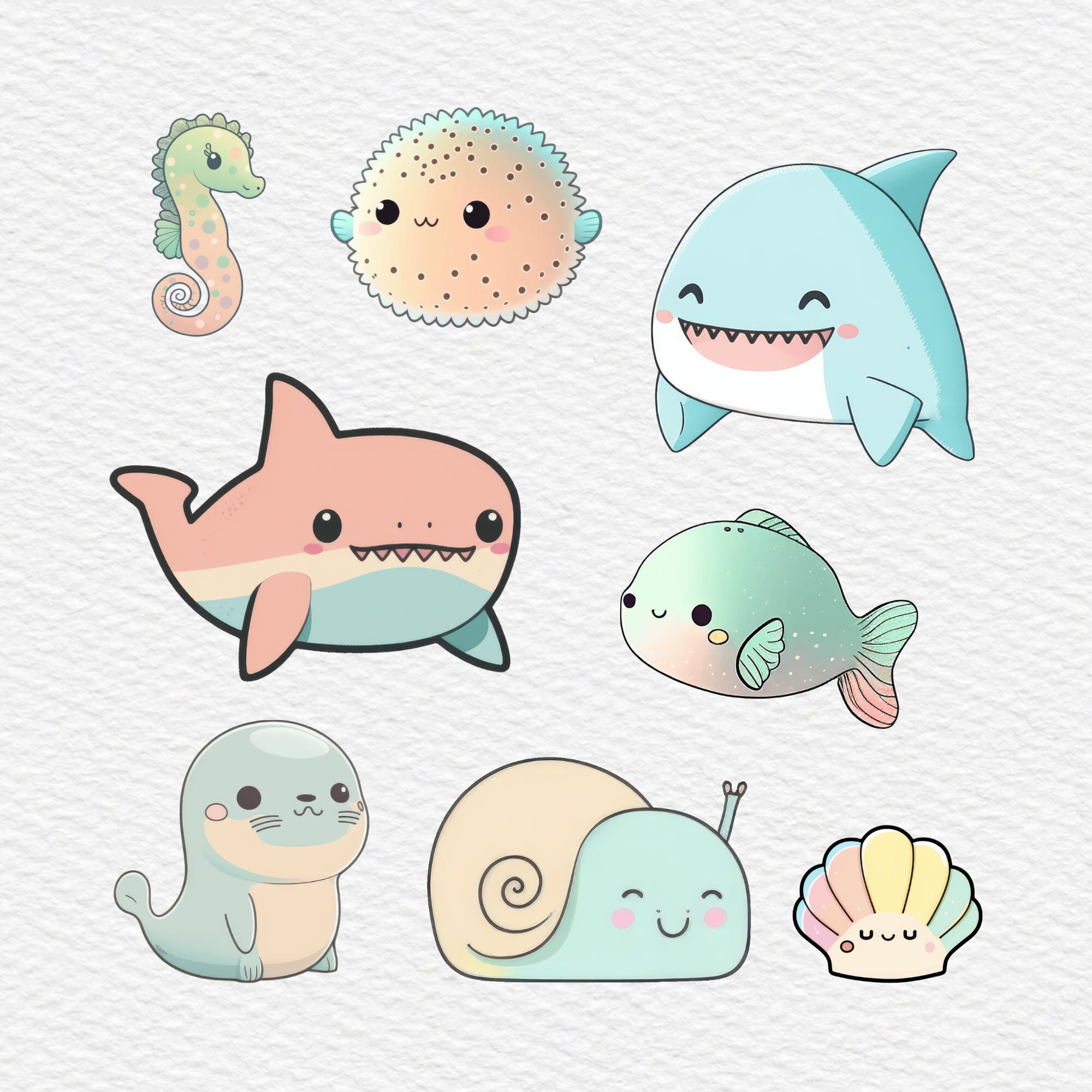 24 PNG SVG Kawaii Sea Creatures Clipart Set - Cute Clipart Animals ...