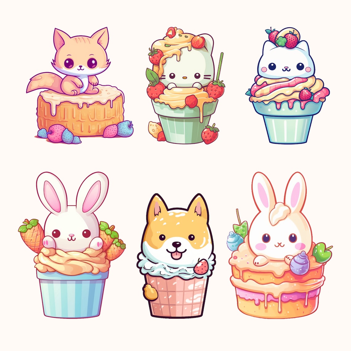 22 PNG SVG Kawaii Animal Desserts Clipart Bundle Kawaii - Etsy