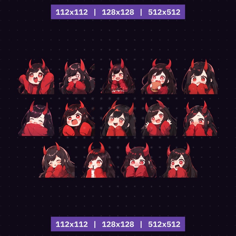 28 Twitch Emotes Girl Black Hair Demon Horns Emote Sticker Set, Bundle ...