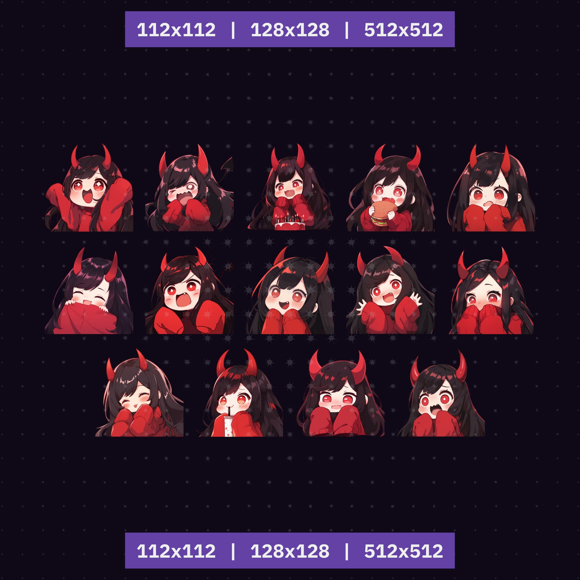 28 Twitch Emotes Girl Black Hair Demon Horns Emote Sticker Set, Bundle ...