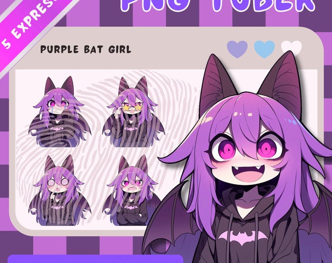 Purple Haired Pngtuber Bat Girl: Chibi Anime Vtuber Asset - 5 ...