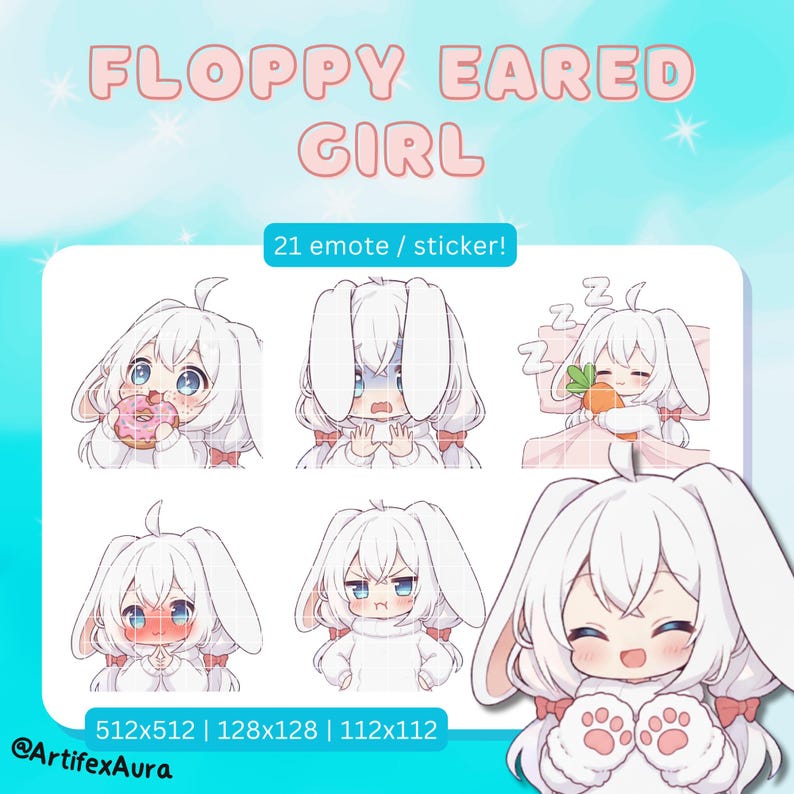 Droopy Eared White Bunny Girl Twitch / Discord Emotes / Stickers (21 ...