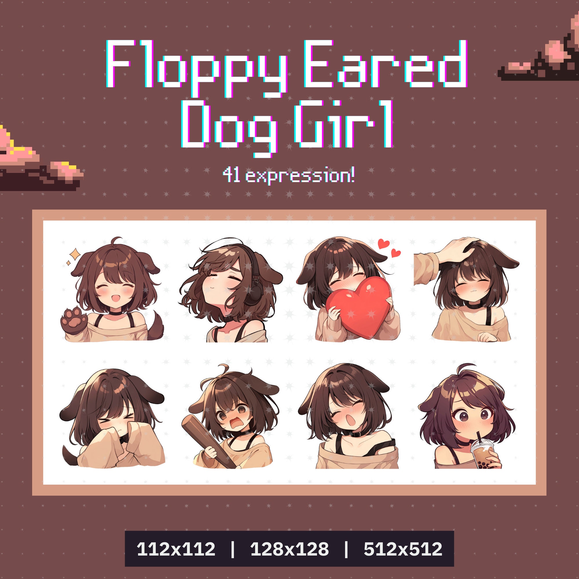 41 Twitch Emote Girl Brown Hair and Dog Bunny Ears Emote Sticker Set ...