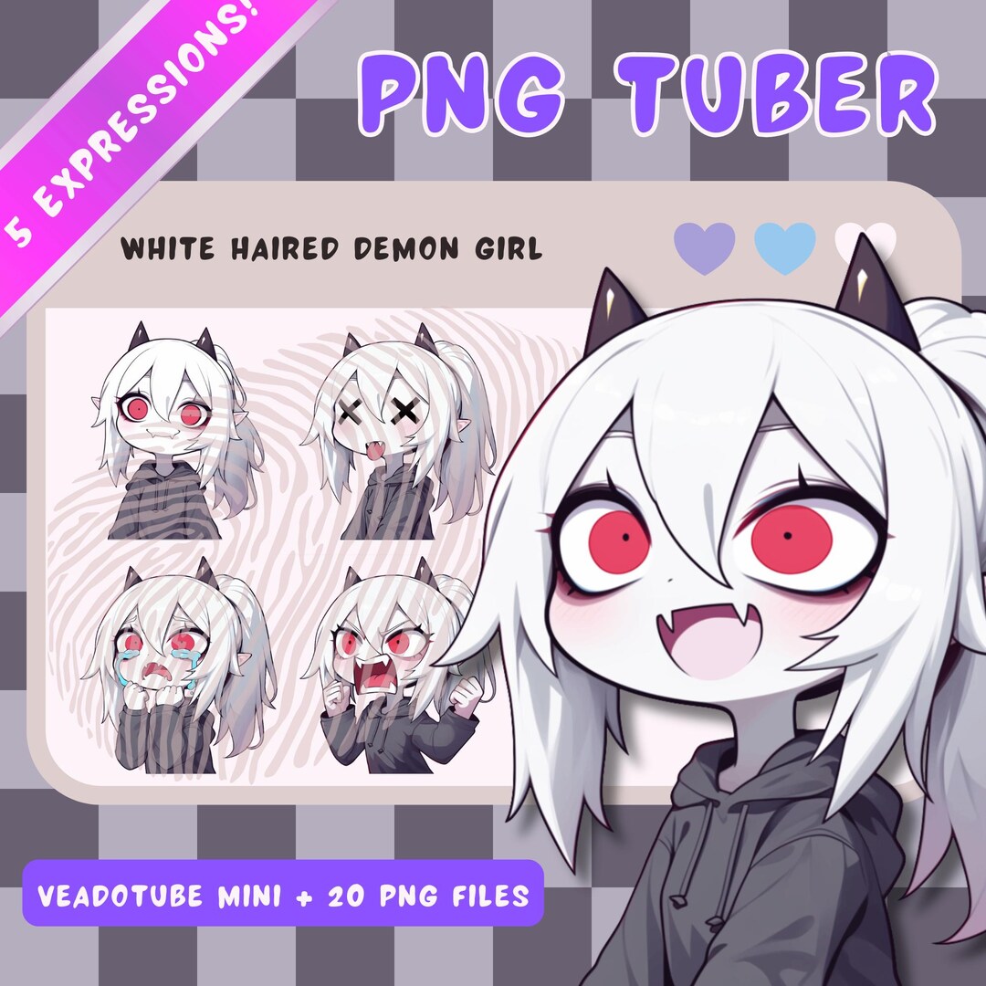 白髪PNGTuber悪魔少女 - アニメ、ちび、かわいい、既製のTwitchストリームアセット、PNGTuberモデル、Vtuber ...