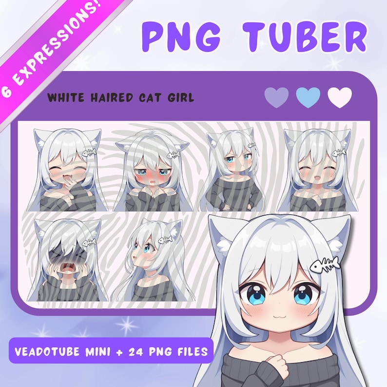 White Haired Pngtuber Cat Girl: Anime Chibi Vtuber Asset - 7 ...