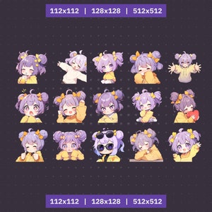 30 Twitch Emotes of a Girl With Purple Hair and Yellow Bows - Emote Set ...