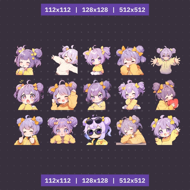 30 Twitch Emotes of a Girl With Purple Hair and Yellow Bows Emote Set ...