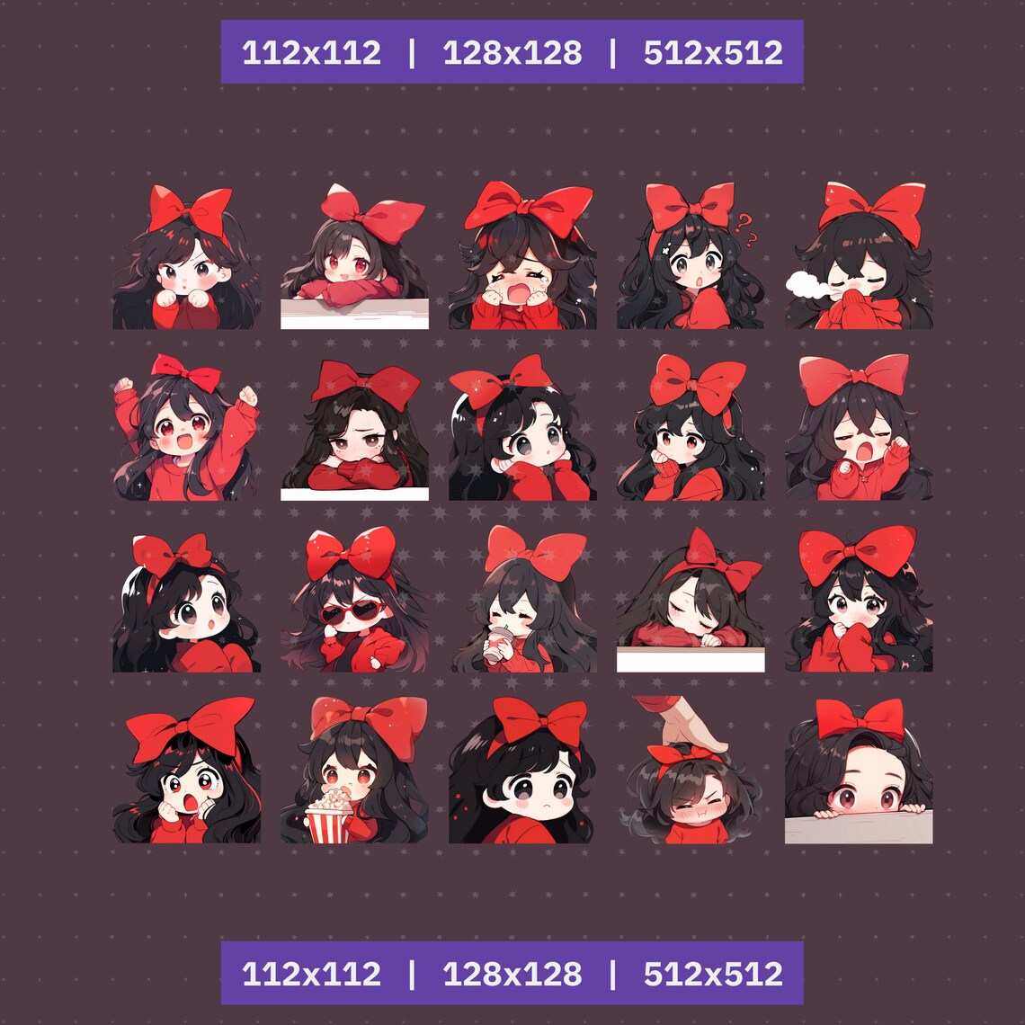 34 Twitch Emotes of a Girl With Black Hair and a Red Bow Emote Set ...