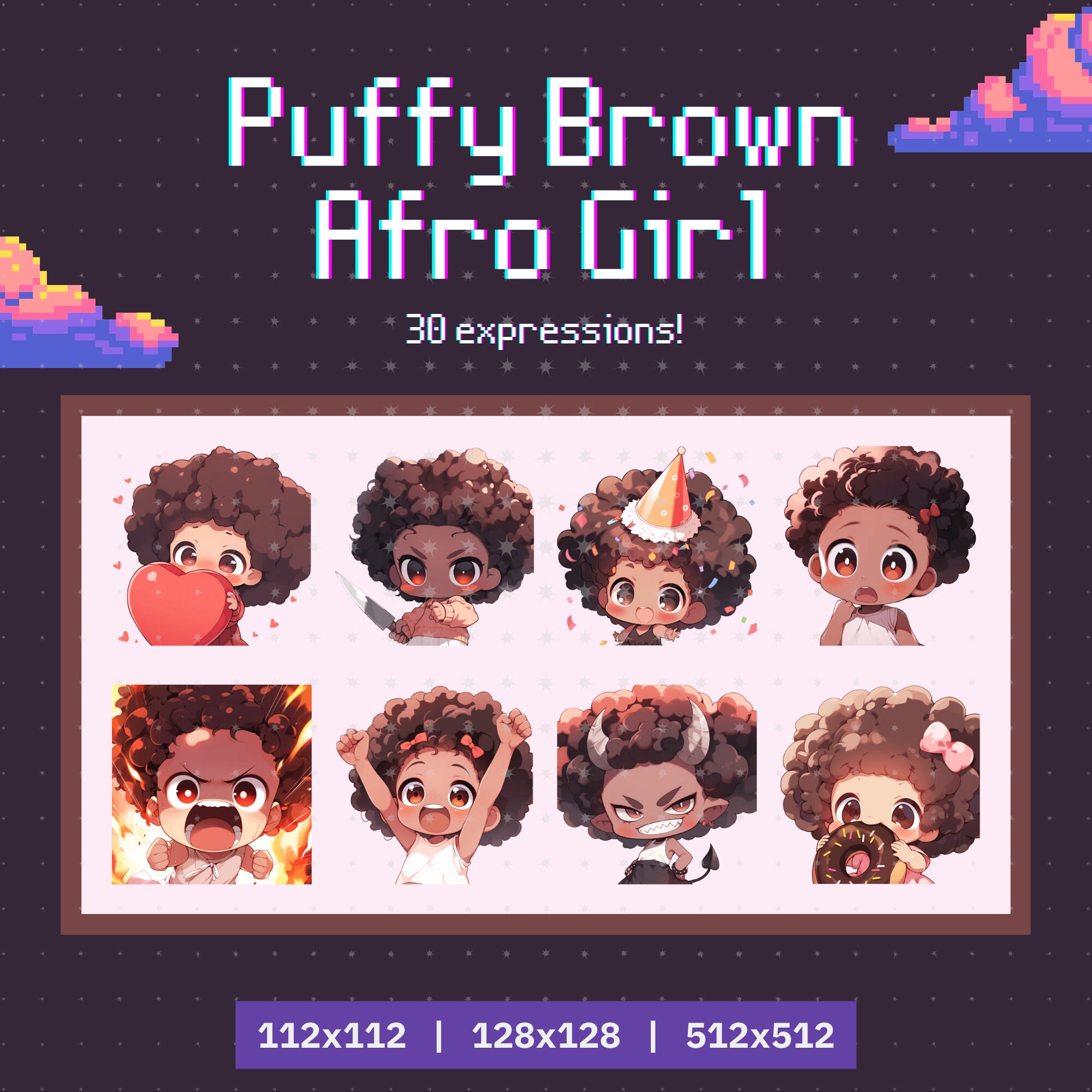 30 Twitch Emotes Girl Brown Afro Black Skin Emote Sticker Set, Bundle ...