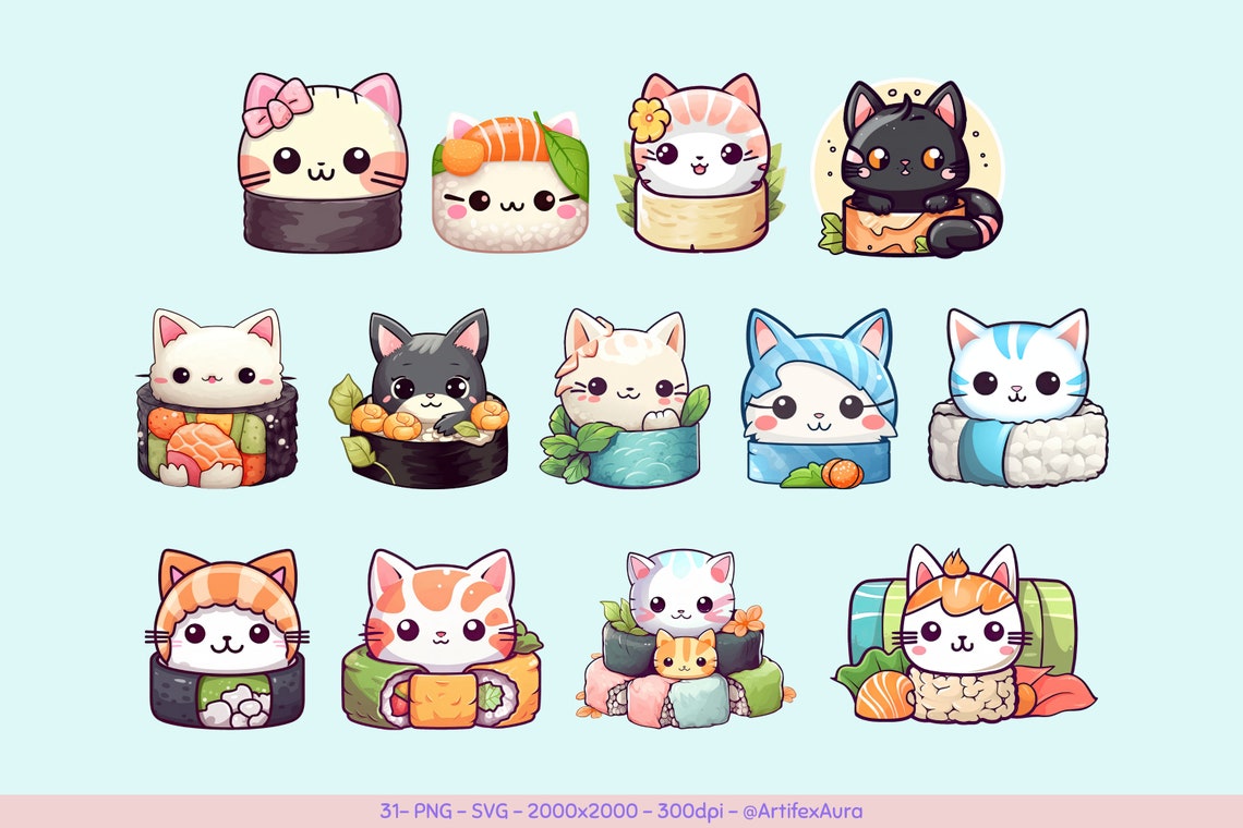 31 PNG SVG Sushi Cat Clipart Bundle - Kawaii Clipart, Kawaii Food ...