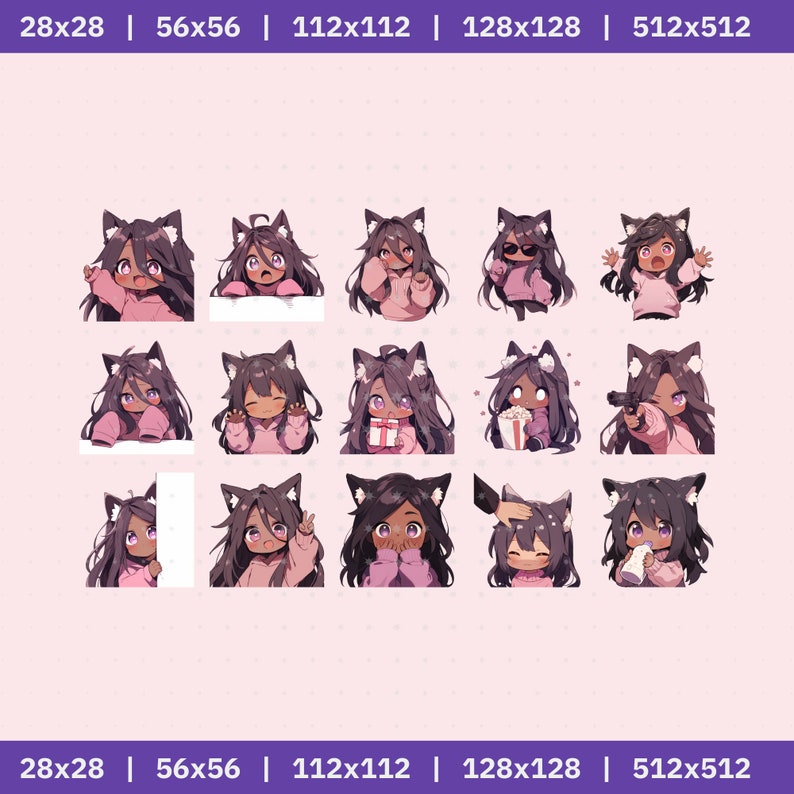 30 Twitch / Discord Emotes of a Cute Black Cat Girl With Brown Hair ...