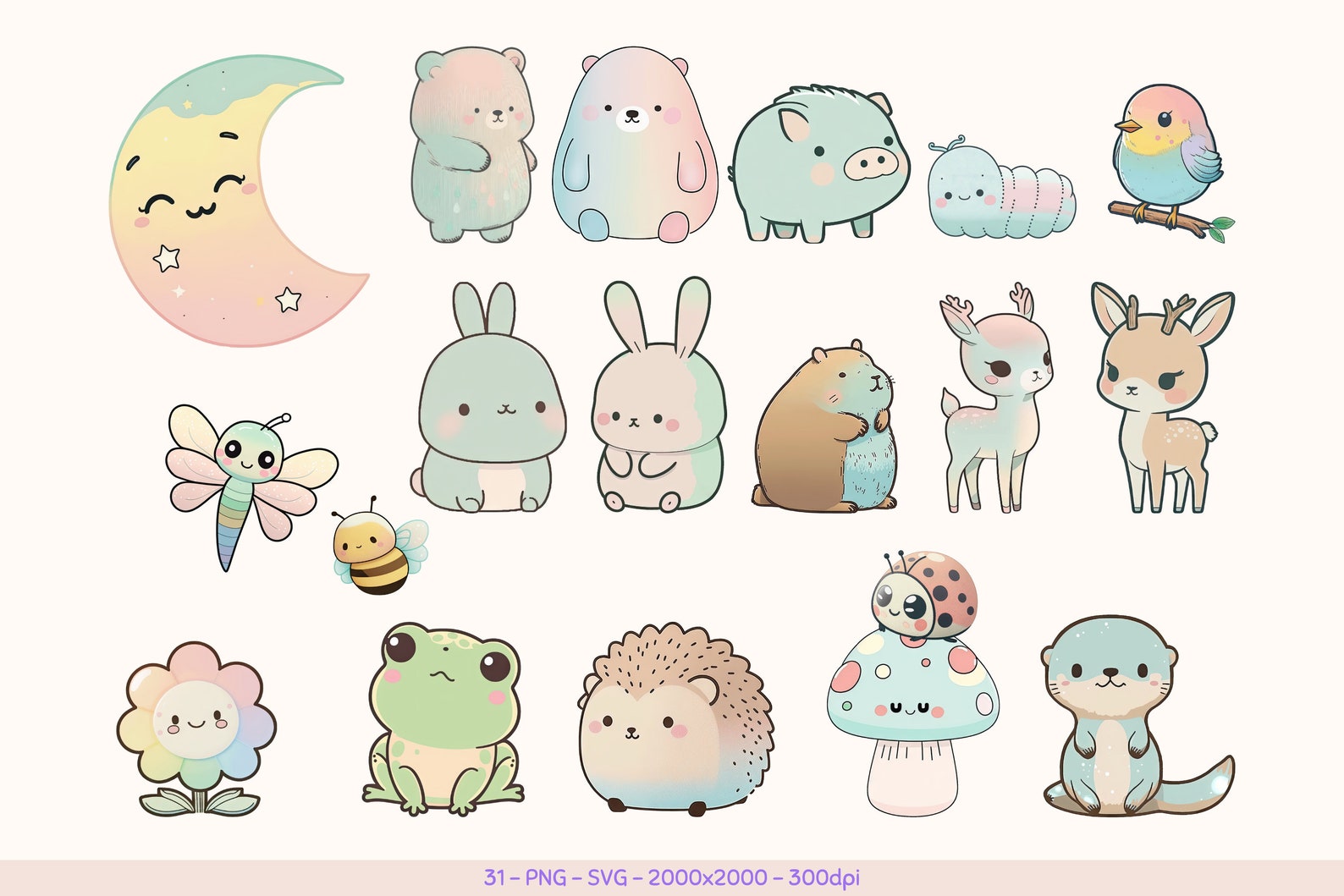 31 PNG SVG Kawaii Animals Clipart Set - Cute Clipart Animals, Kawaii ...