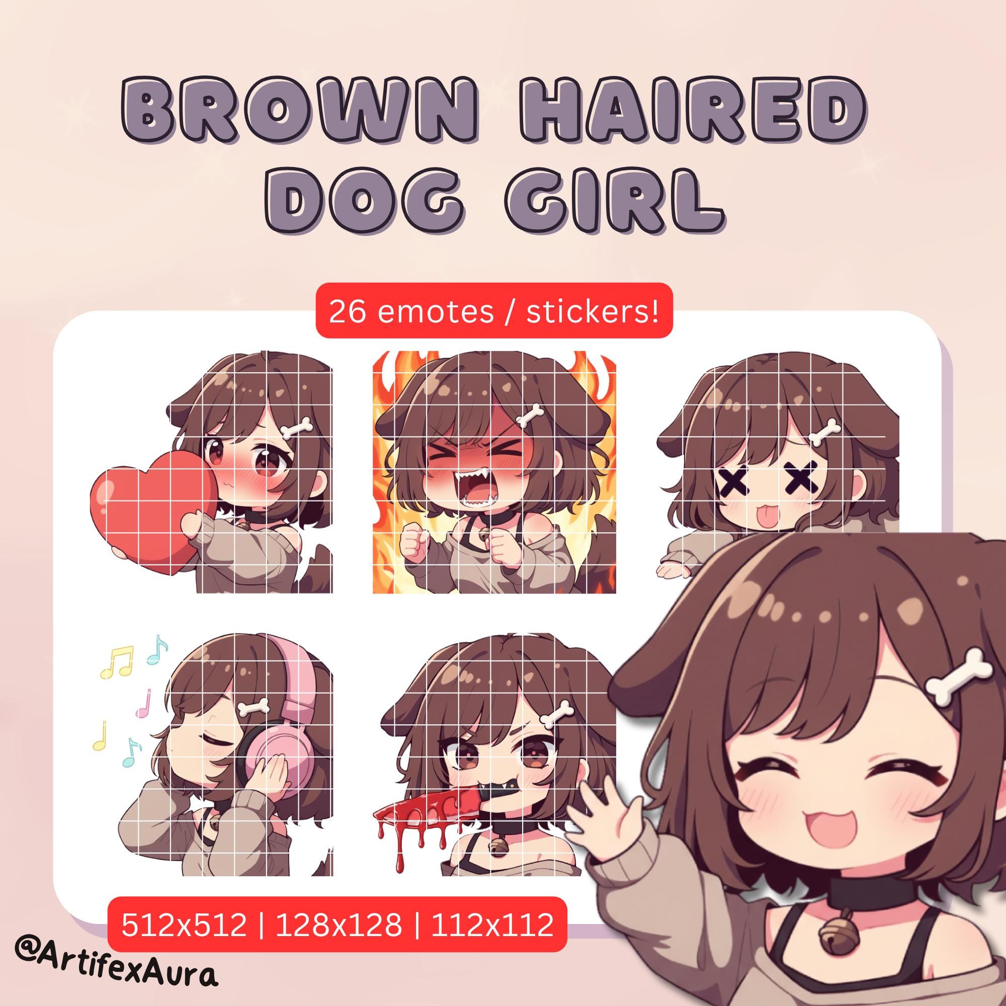 Brown Haired Dog Girl Twitch / Discord Emotes / Stickers (26 Pack ...