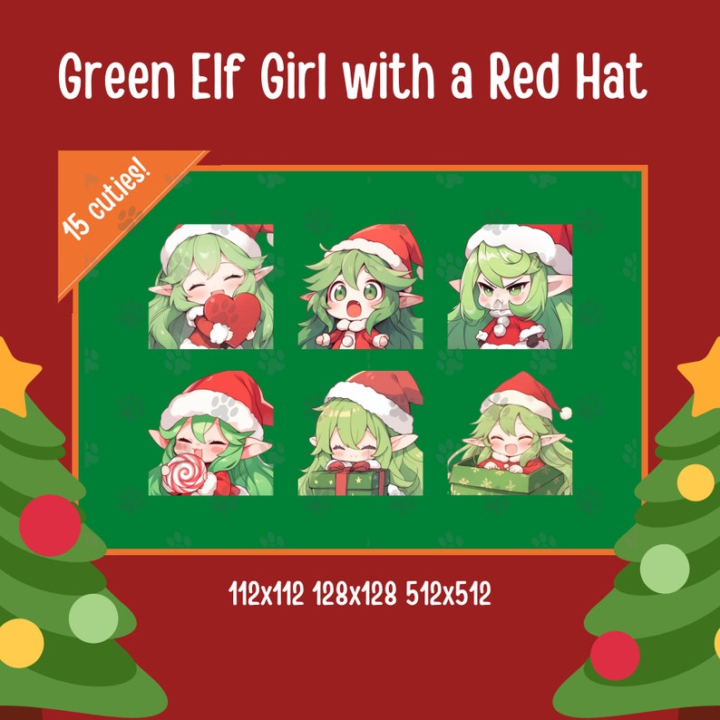 15 Twitch / Discord Emotes of a Green Elf Girl in a Red Christmas Hat ...