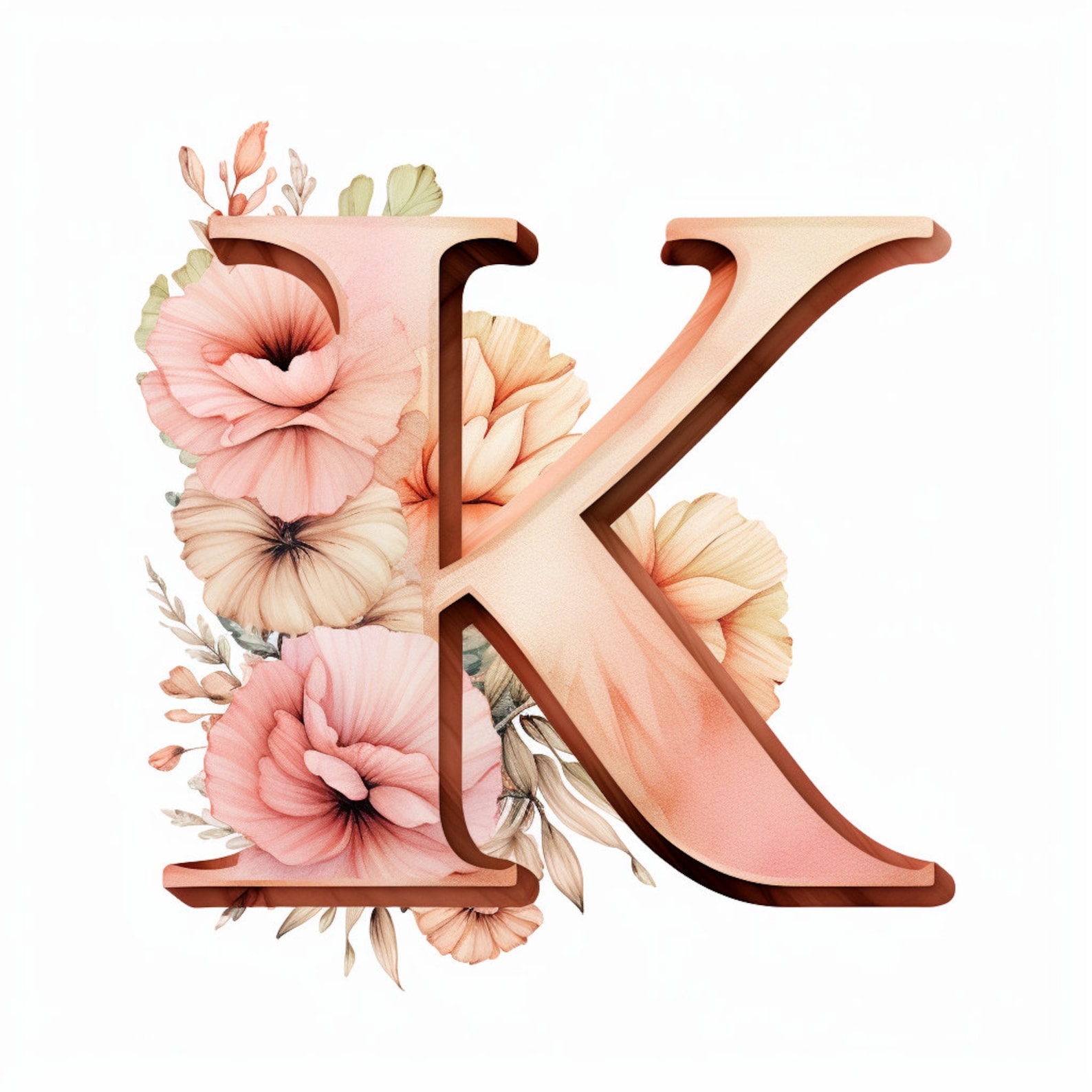 Rose Gold Floral K Letter Transparent Letter Graphic Printable Art ...