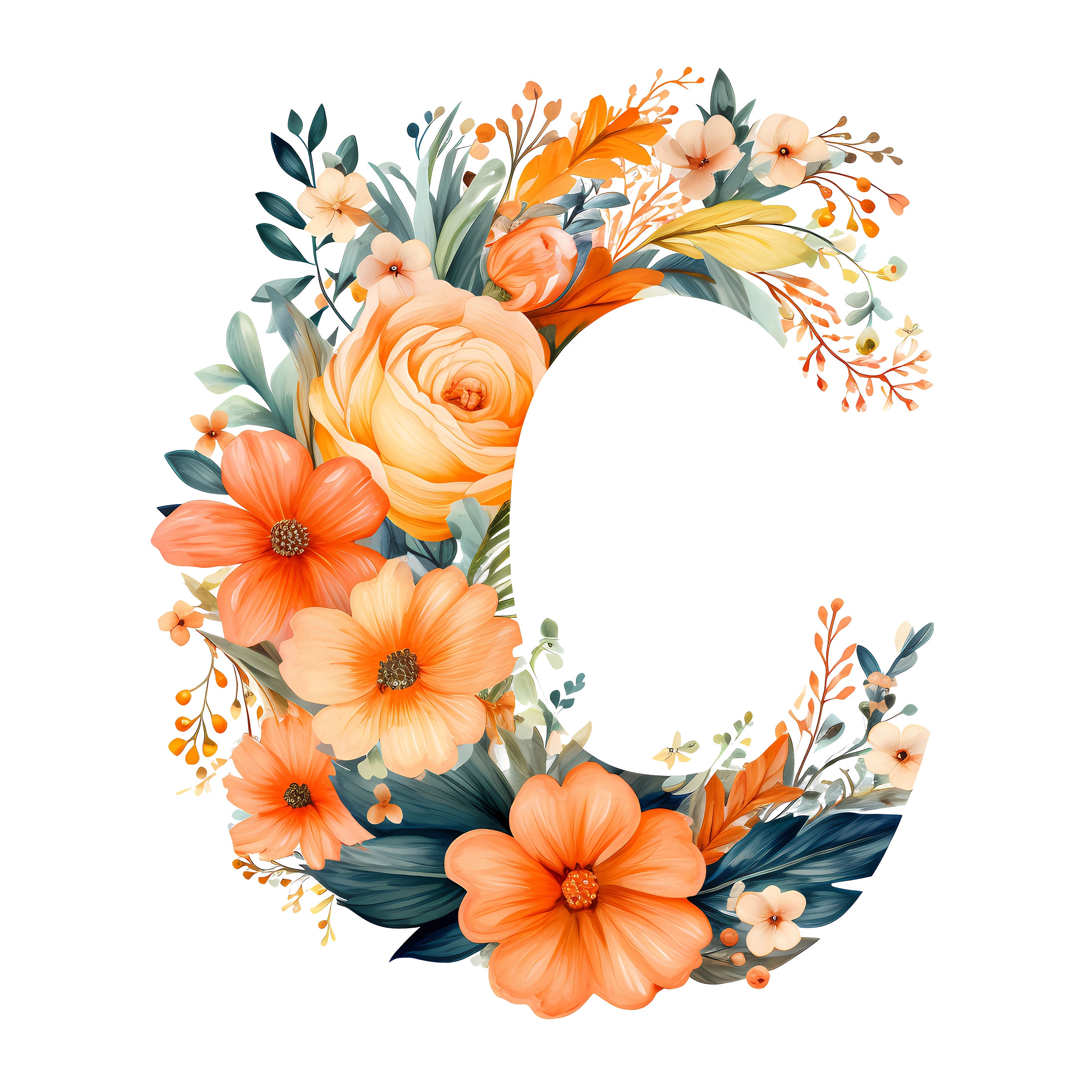 Orange Floral Letter C Graphic Transparent Letter Graphic Printable Art ...