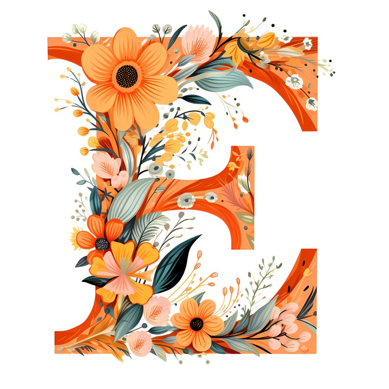 Orange Floral Letter E Graphic Transparent Letter Graphic Printable Art ...