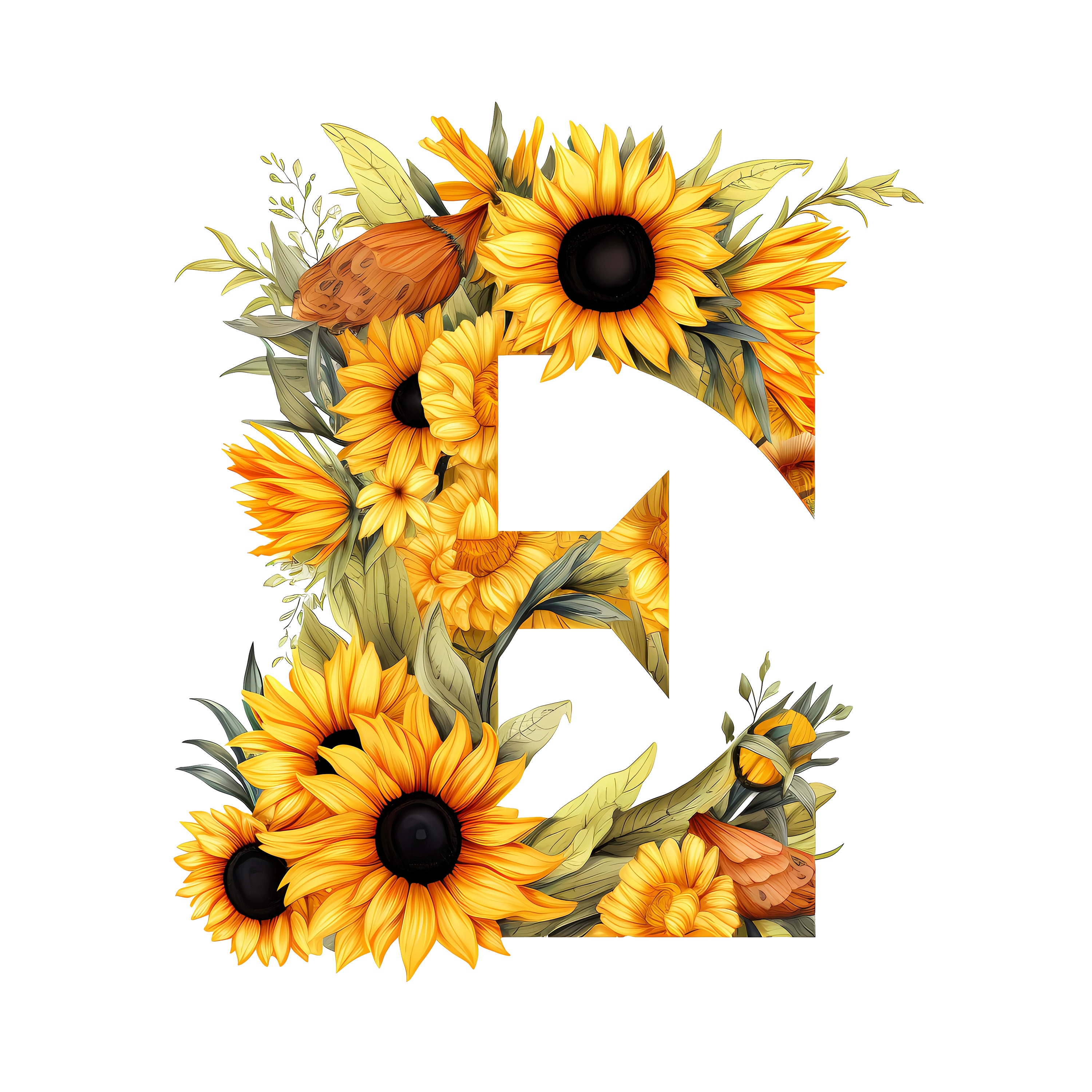 Sunflowers Letter E Graphic Transparent Letter Graphic Printable Art ...