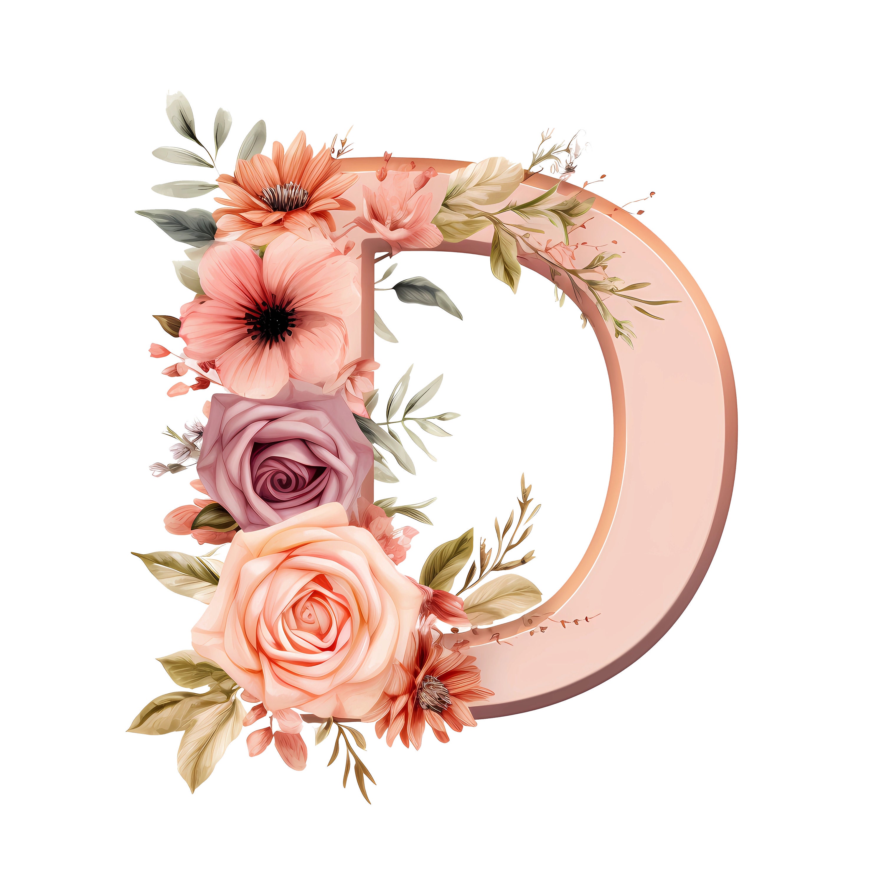 Rose Gold Floral Letter D Graphic Transparent Letter Graphic Printable ...