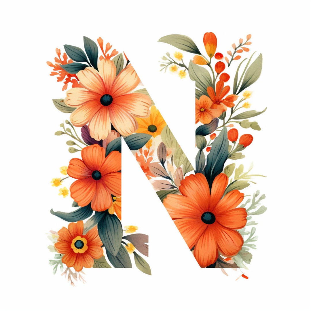 Orange Floral Letter N Transparent Letter Graphic Printable Art ...