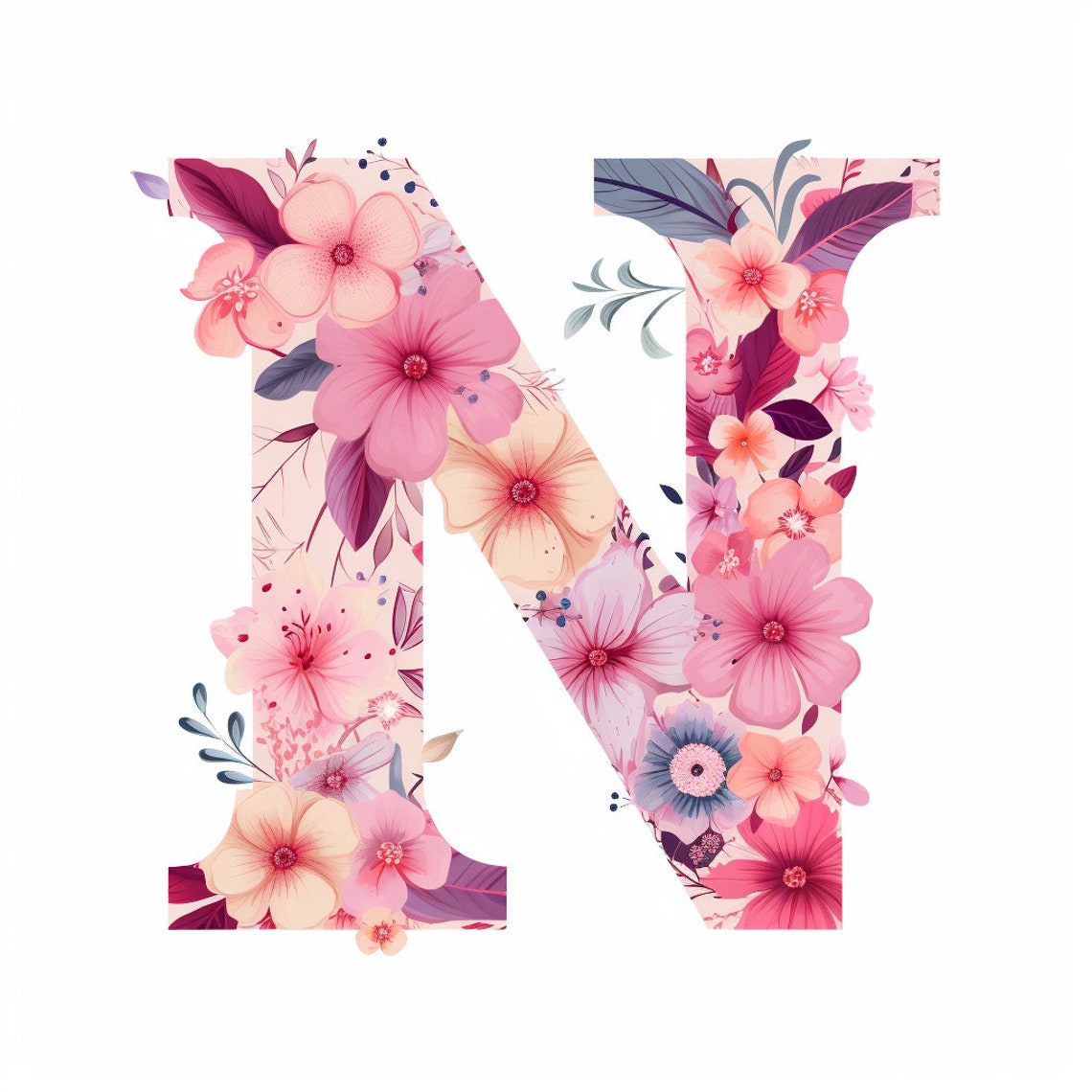 Pink Floral Letter N Transparent Letter Graphic Printable Art ...