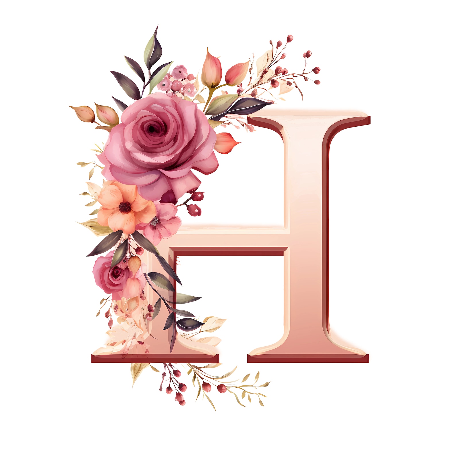 Rose Gold Floral H Graphic Transparent Letter Graphic Printable Art ...
