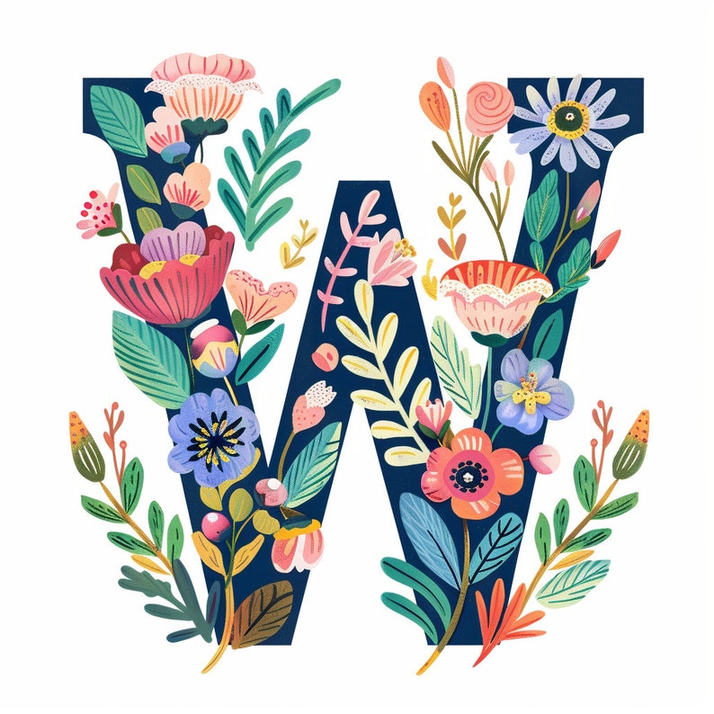 Floral Letter W Transparent Letter Graphic Printable Art, Aesthetic ...