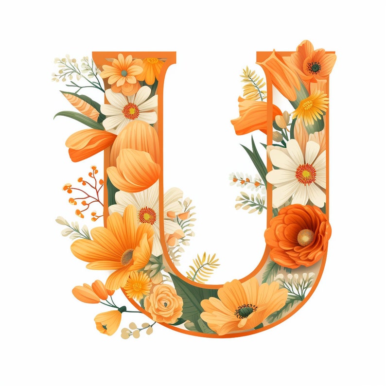 Orange Floral Letter U Transparent Letter Graphic Printable Art ...