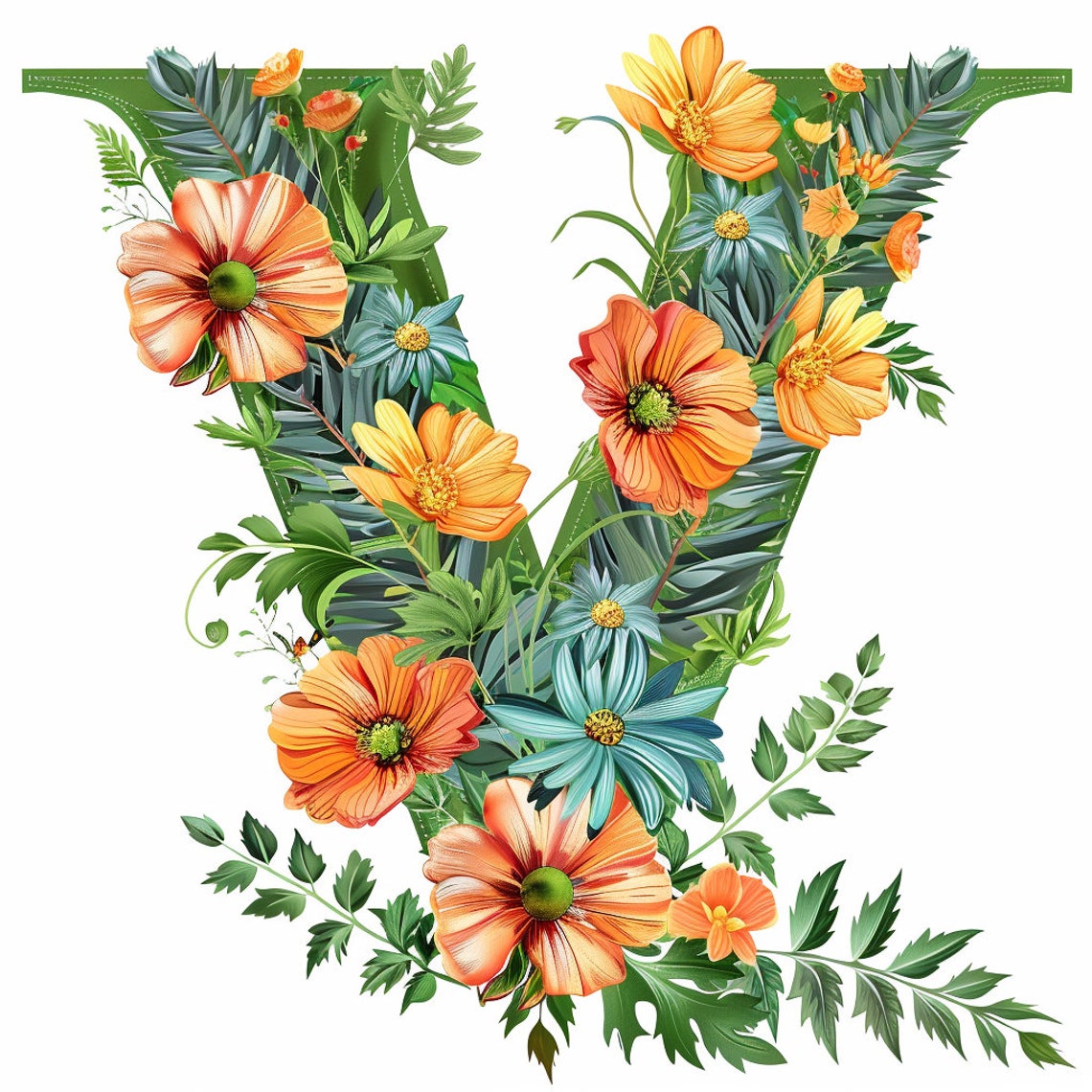 Floral Letter V Transparent Letter Graphic Printable Art, Aesthetic ...