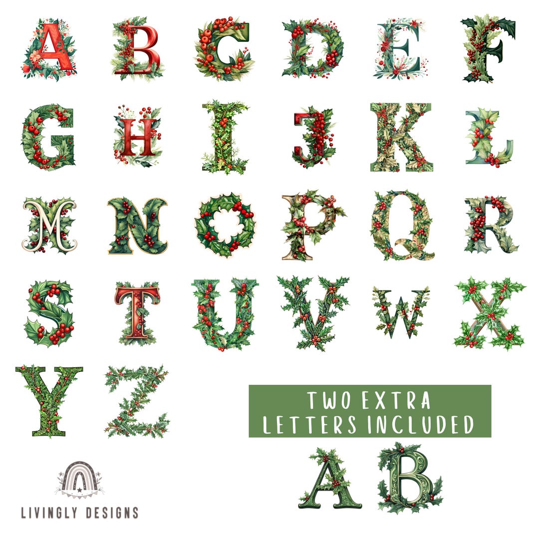 Christmas Holly Alphabet Letter Graphics A-Z Transparent Letter ...