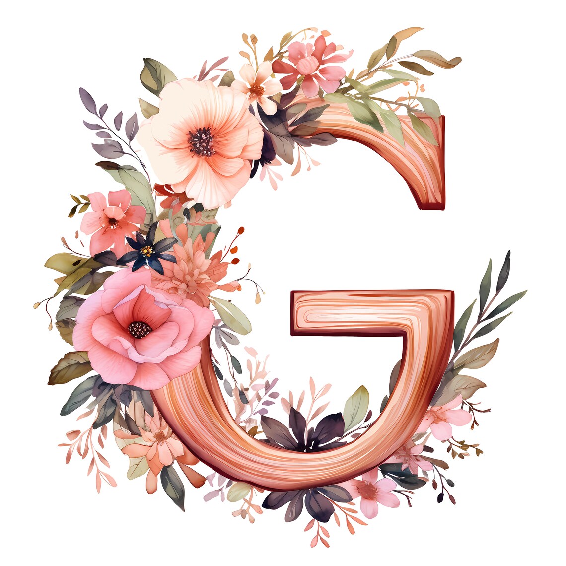 Rose Gold Floral Letter G Graphic Transparent Letter Graphic Printable ...