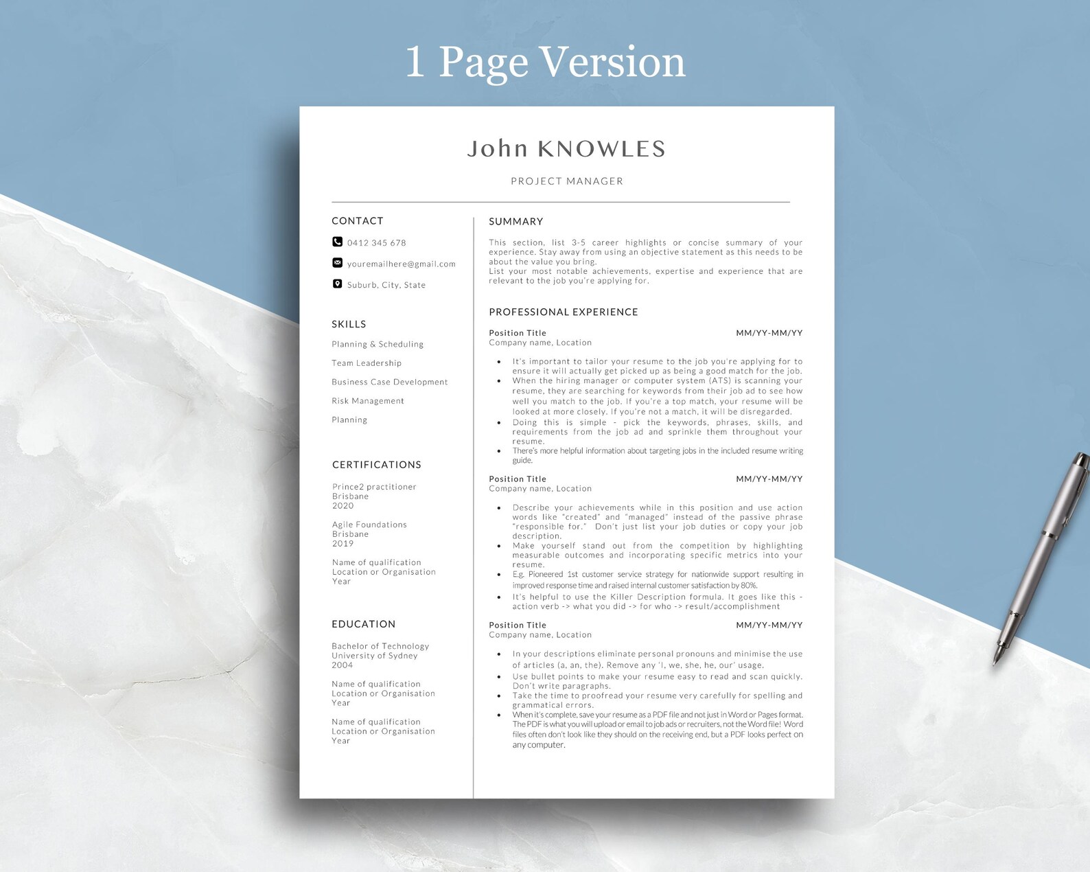 Project Manager Resume Template for MS Word, Pages and Google Docs ...