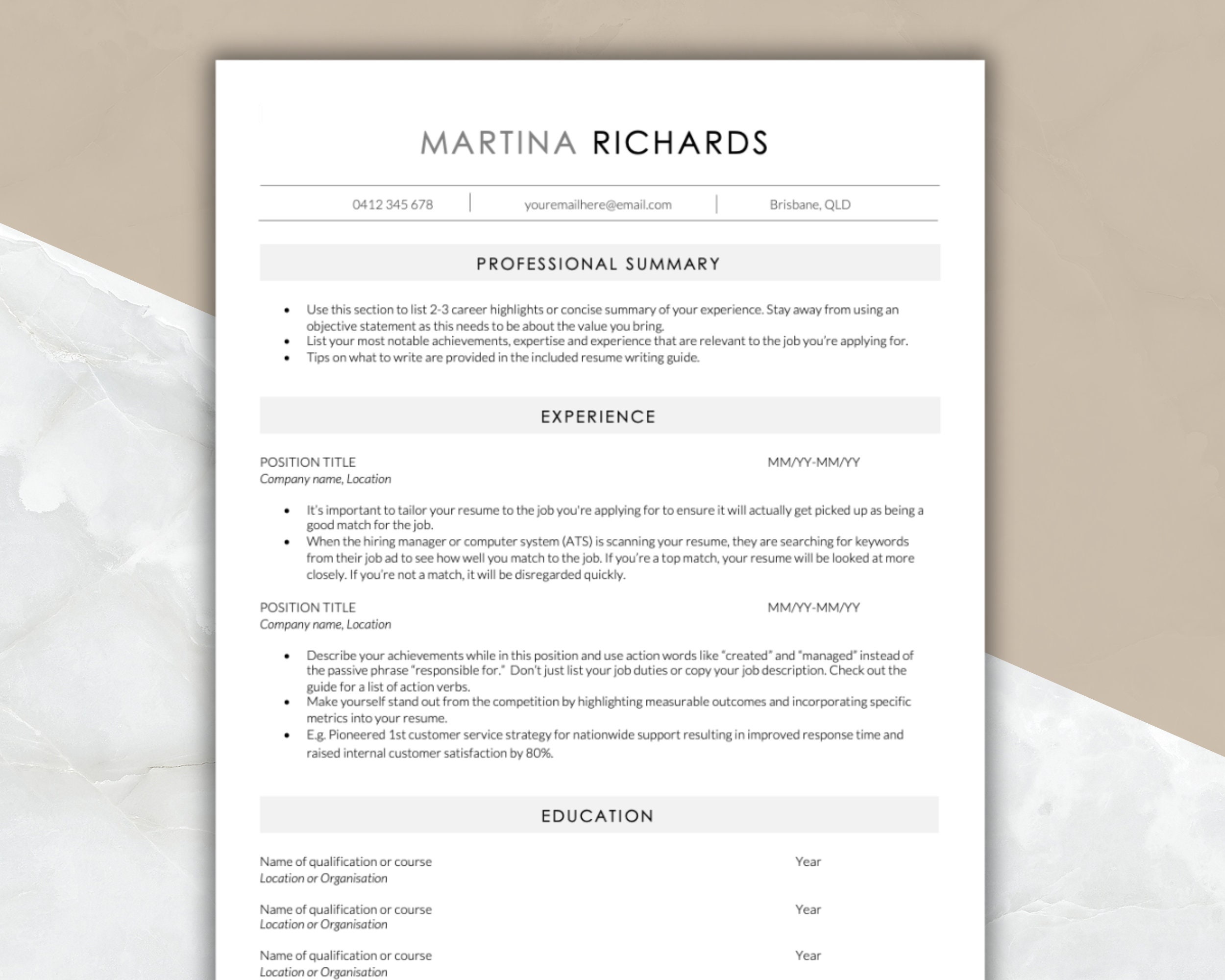 Australian CV Resume Professional Resume Template ATS - Etsy