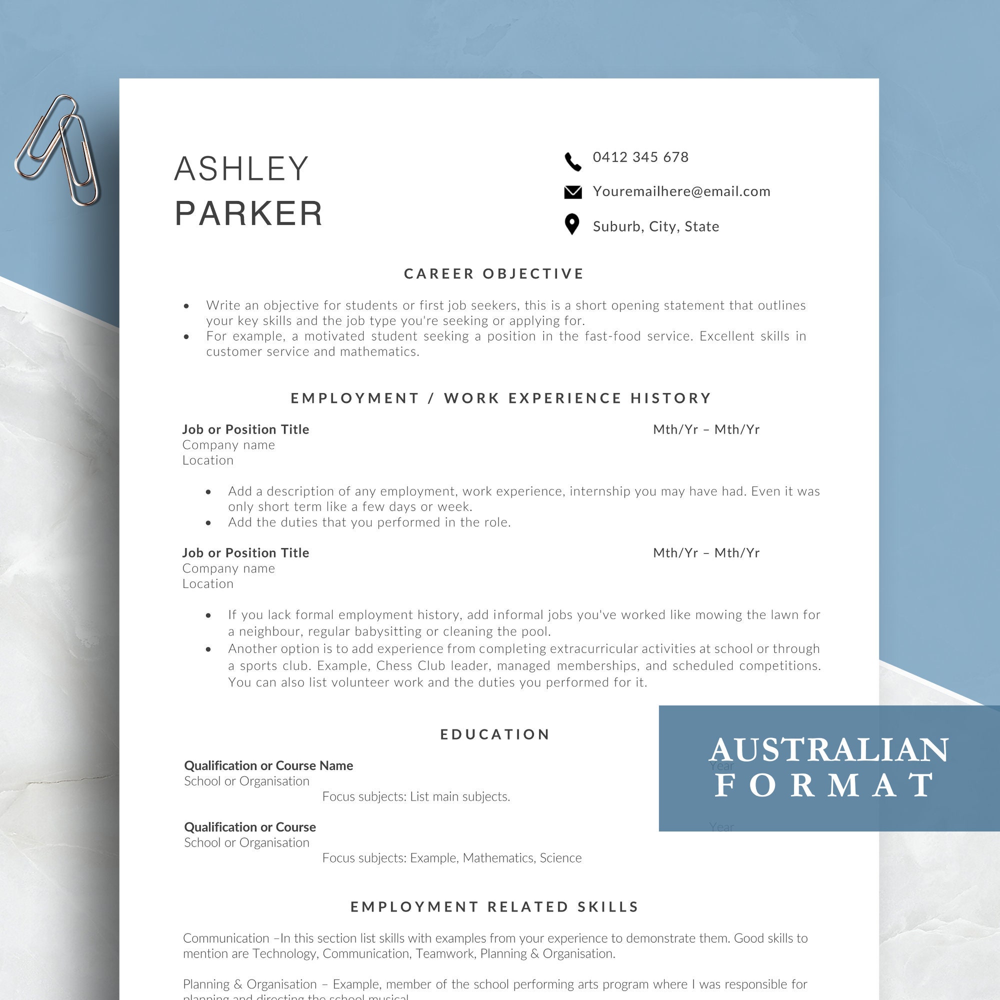 First Job Resume, Graduate Australian Resume Format, Student Word CV ...