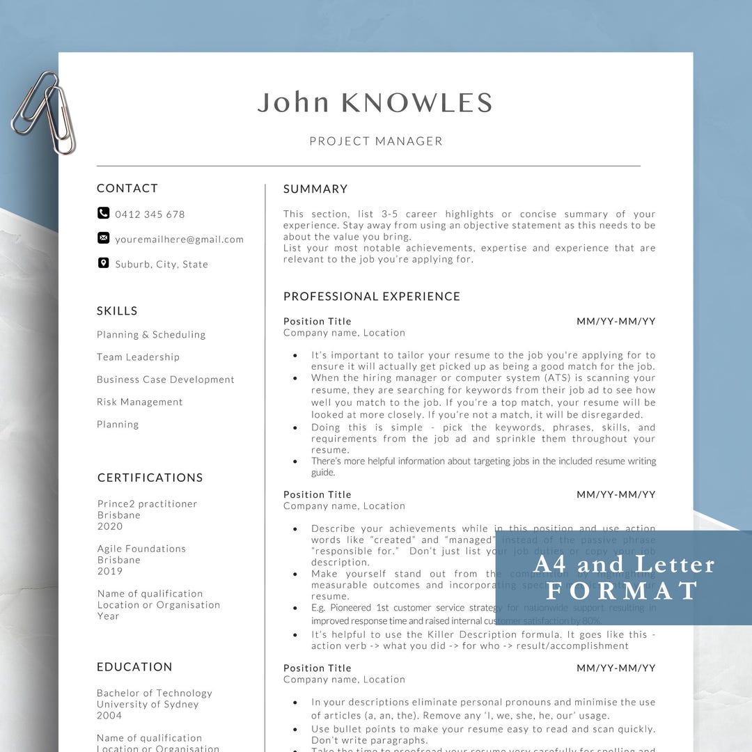 Project Manager Resume Template for MS Word, Pages and Google Docs ...