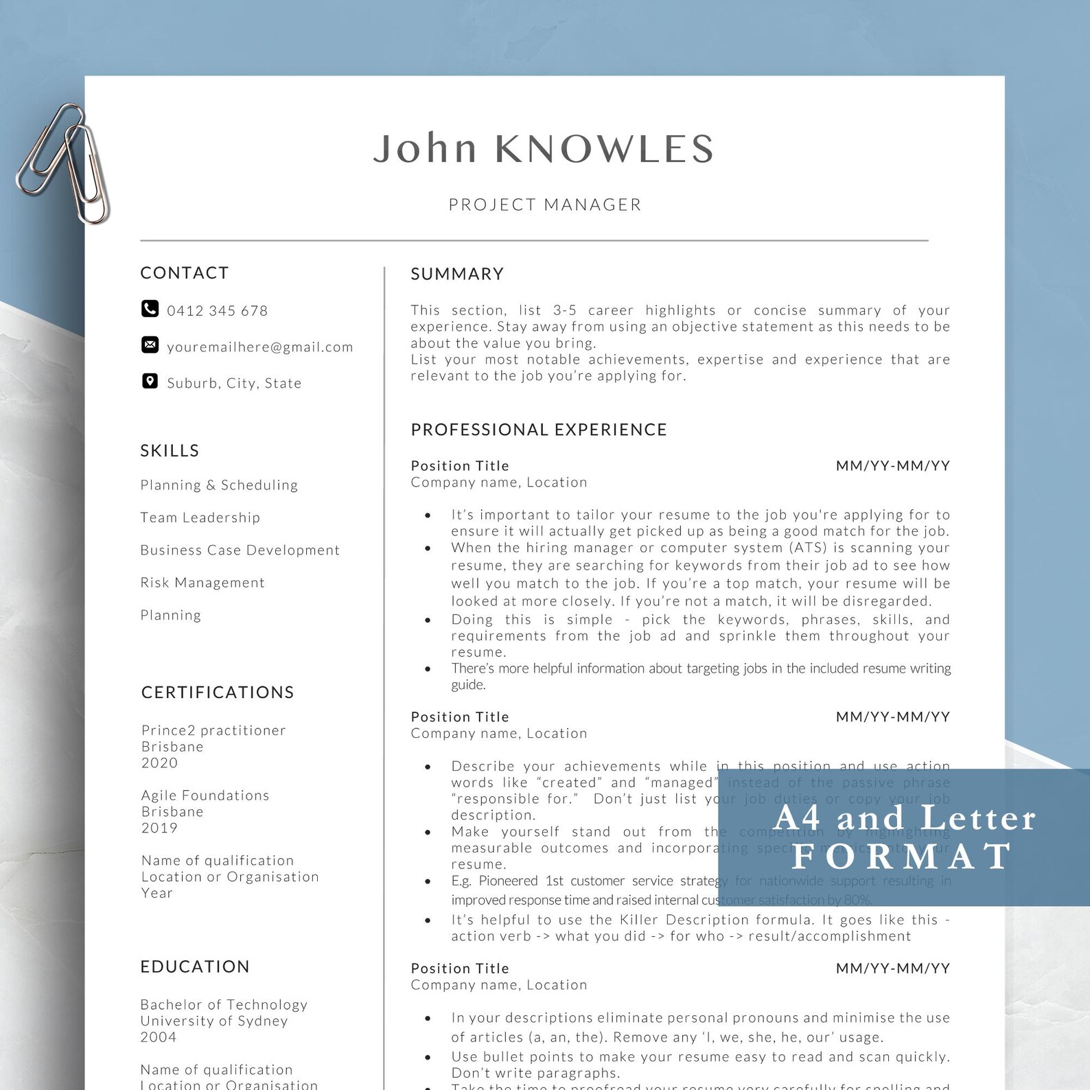 Project Manager Resume Template for MS Word, Pages and Google Docs ...
